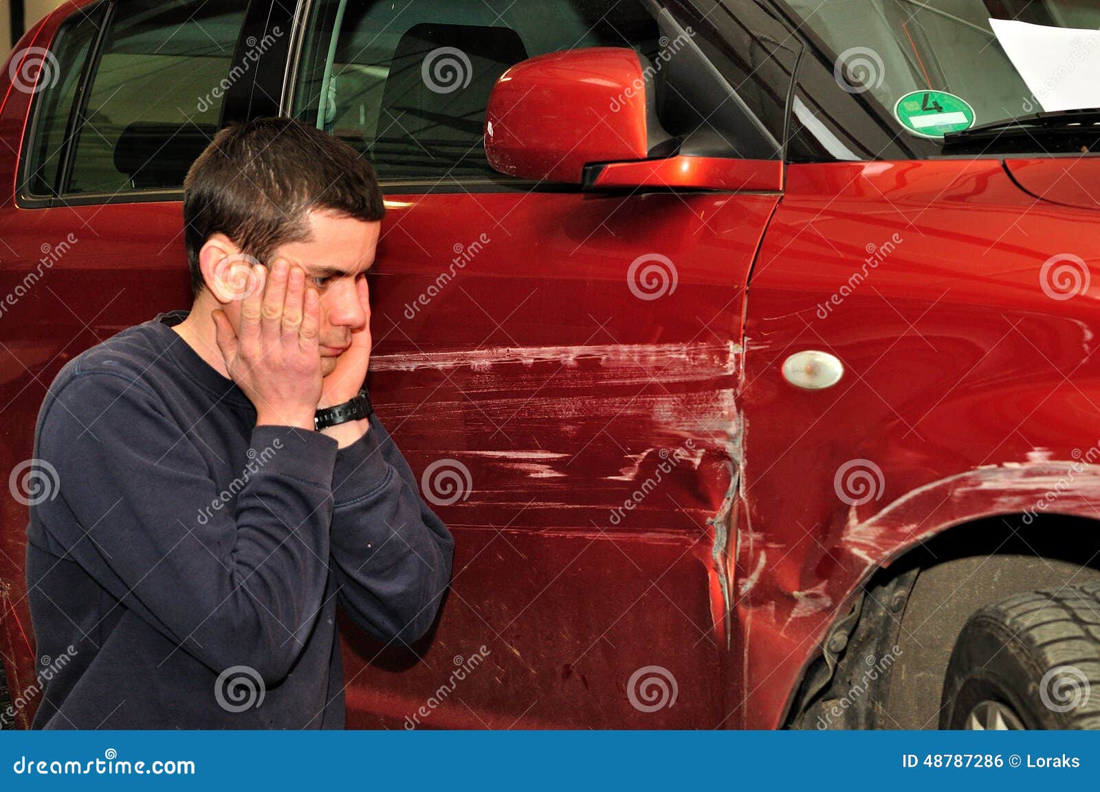 Car Driver with His Damaged Car. Stock Photo - Image of disaster ...