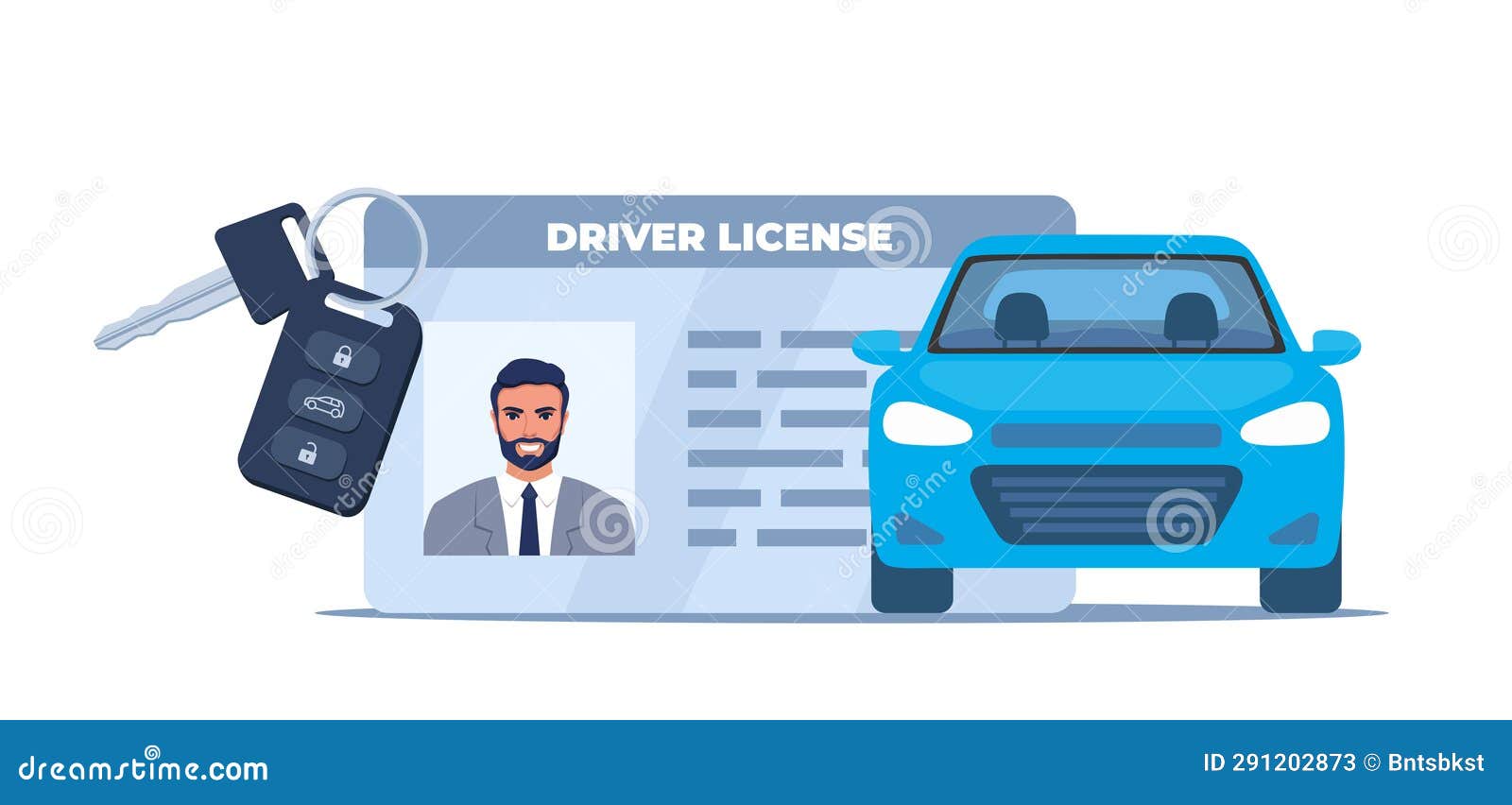 Car Driver License Identification with Photo, Keys and Car. Vector ...