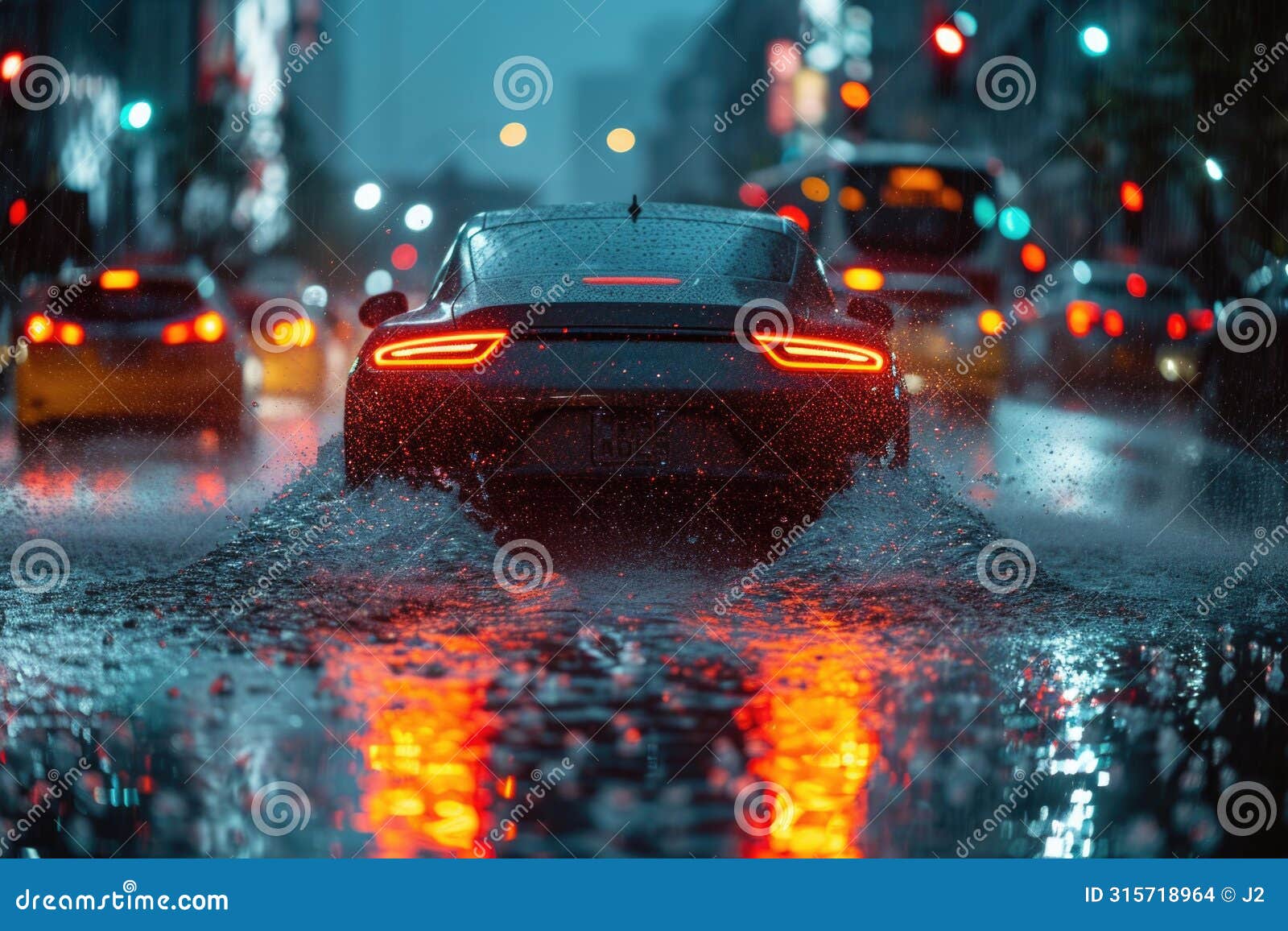 Car Drives through a Deep Puddle on a Flooded Street. Stock Photo ...
