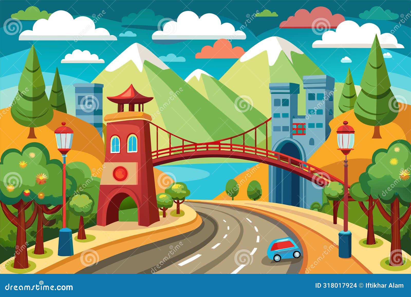 A Car Drives Down a Road with a Bridge Spanning the Background in a ...