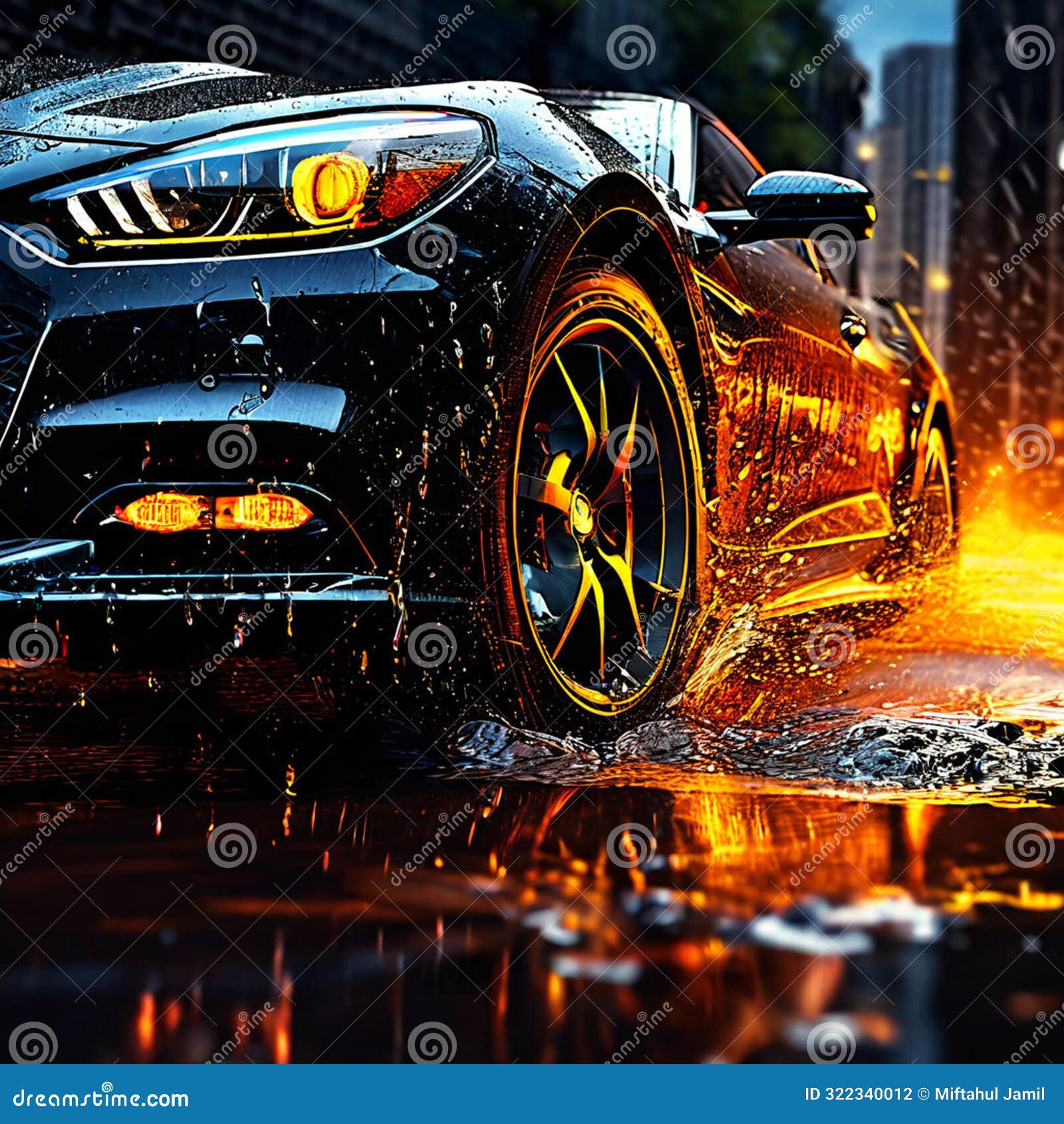 The Car Drives through a Puddle and Gets Splashed with Water Stock ...