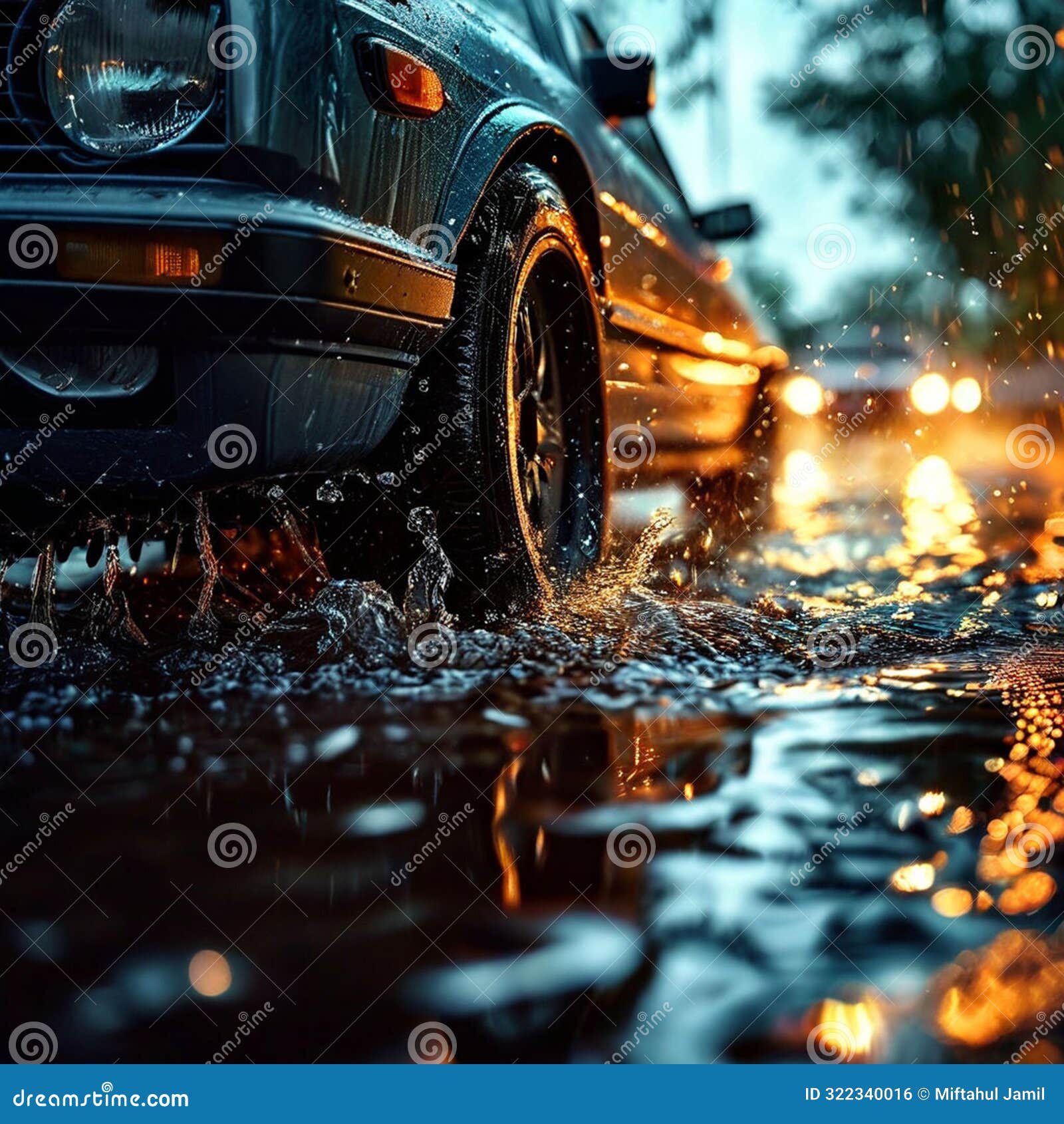 The Car Drives through a Puddle and Gets Splashed with Water Stock ...
