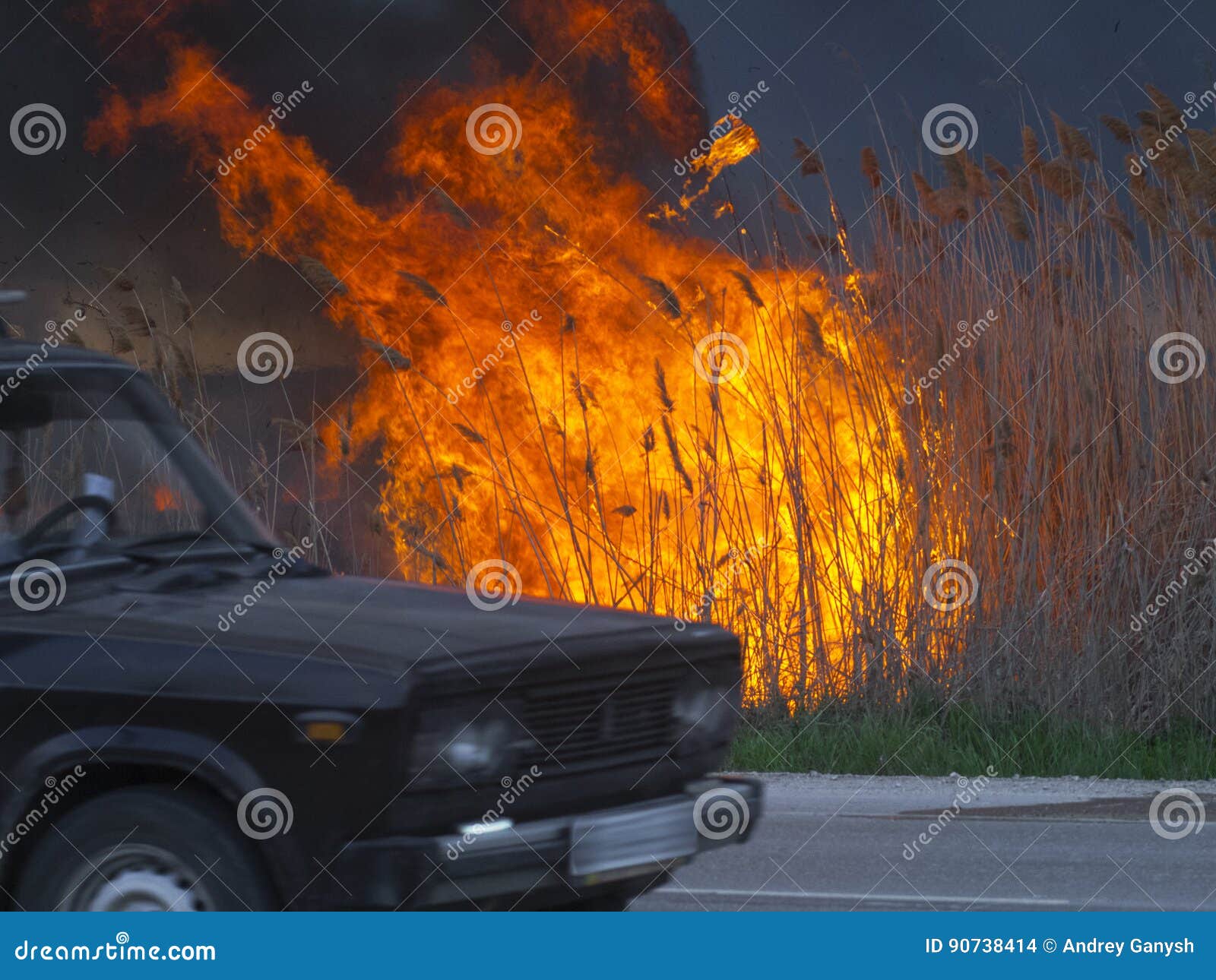 Car is Driving Along the Road Near the Fire Stock Photo - Image of ...