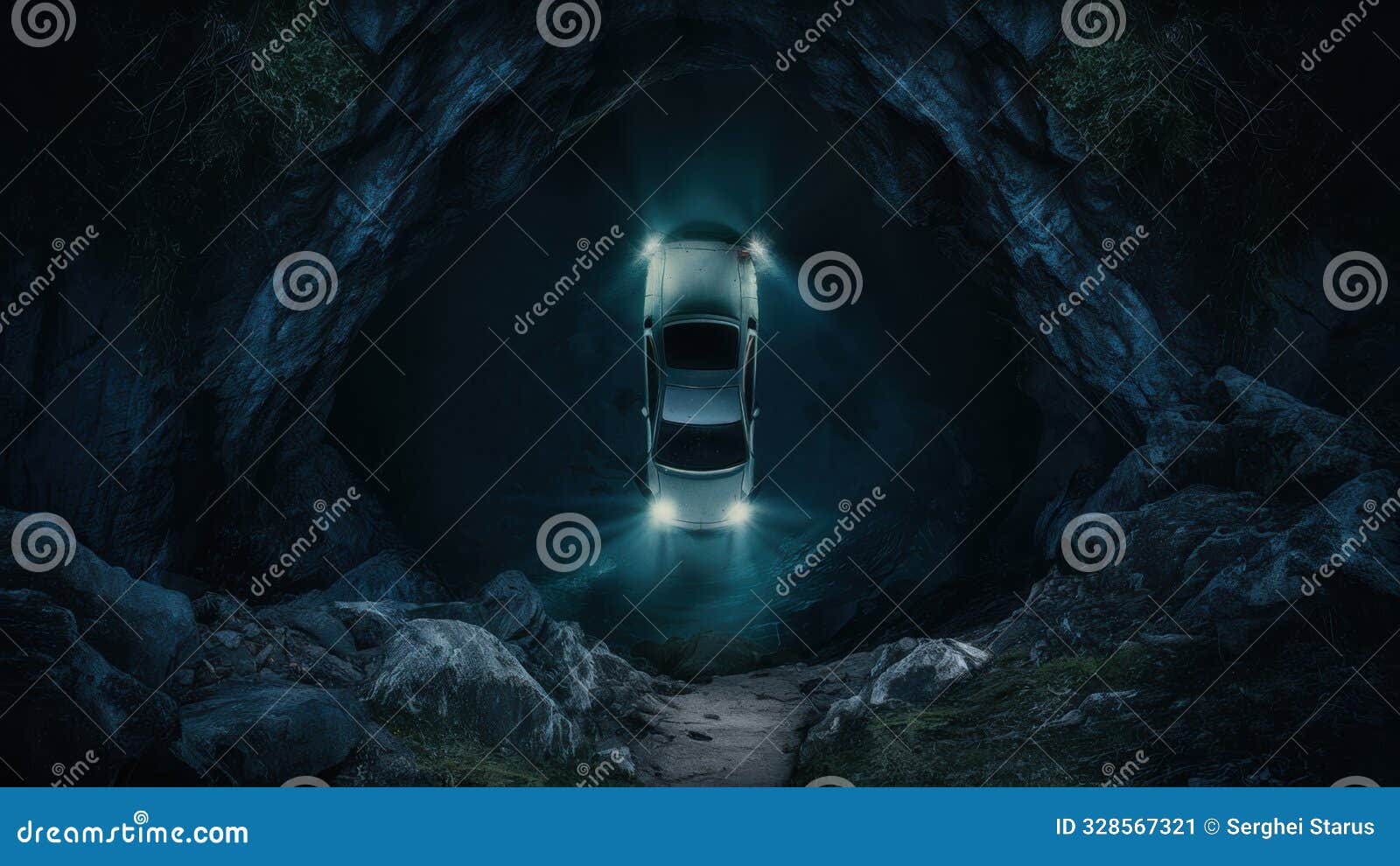 A Car is Driving through a Cave with Lights on, AI Stock Image - Image ...