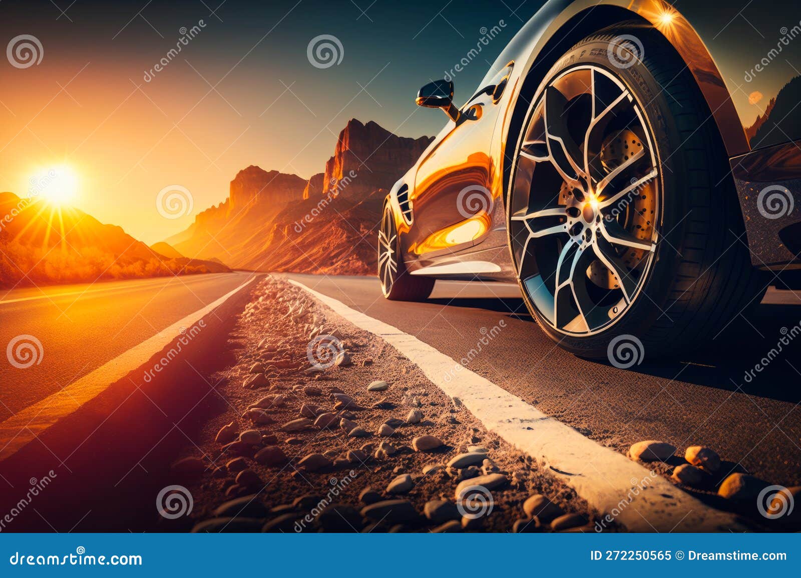 Car Driving on Desert Road at Sunset. Generative AI Stock Image - Image ...
