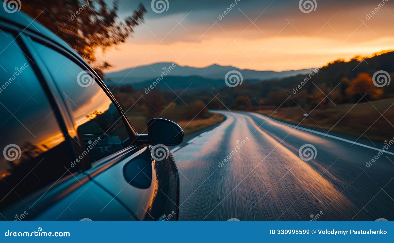 A Car Driving Down a Country Road at Sunset Stock Image - Image of ...