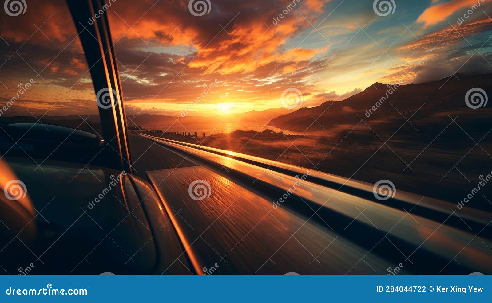 A Car Driving Down a Highway at Sunset Stock Illustration ...