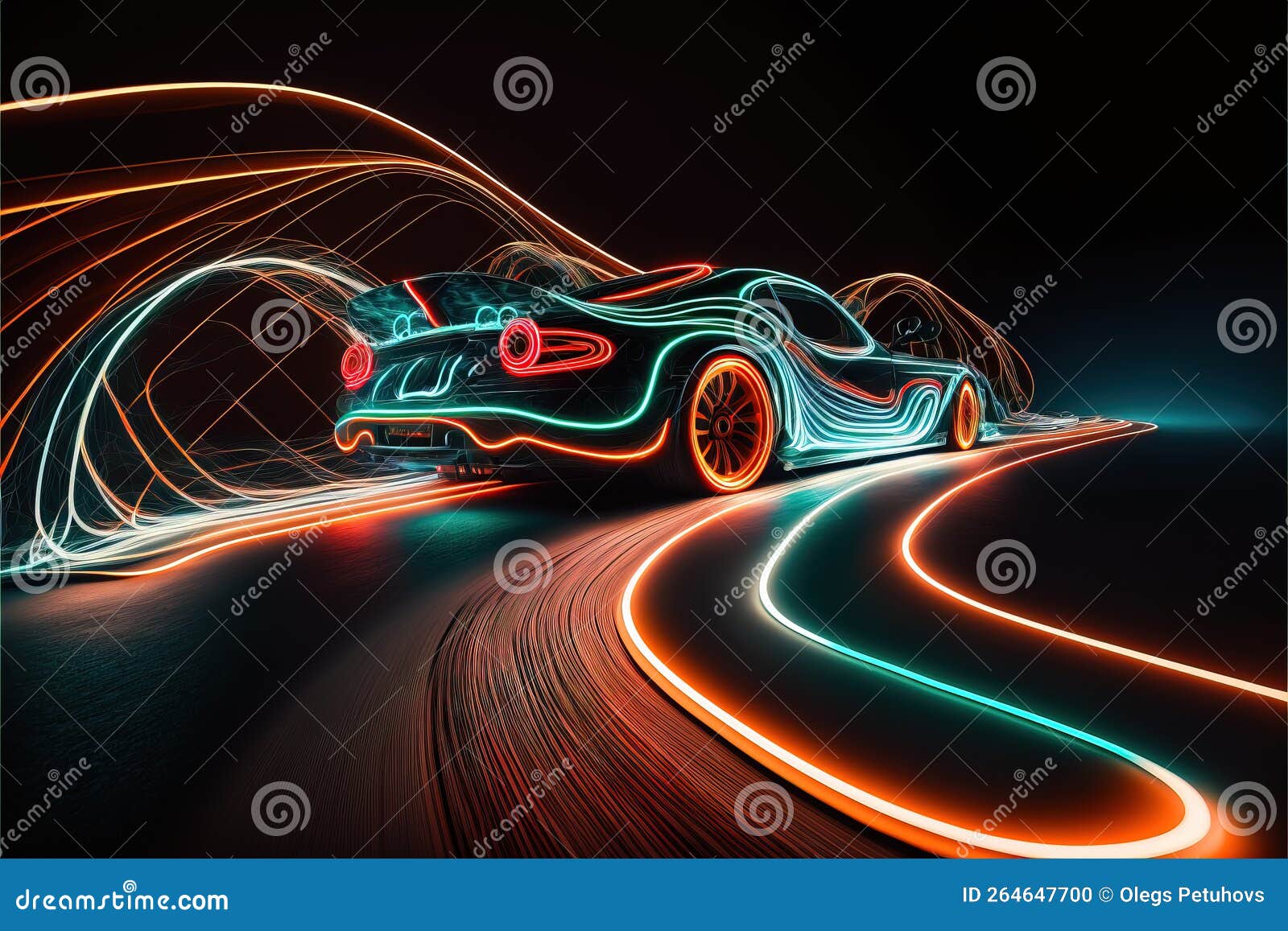 A Car Driving Down a Road with Neon Lights on it S Side and a Curved ...