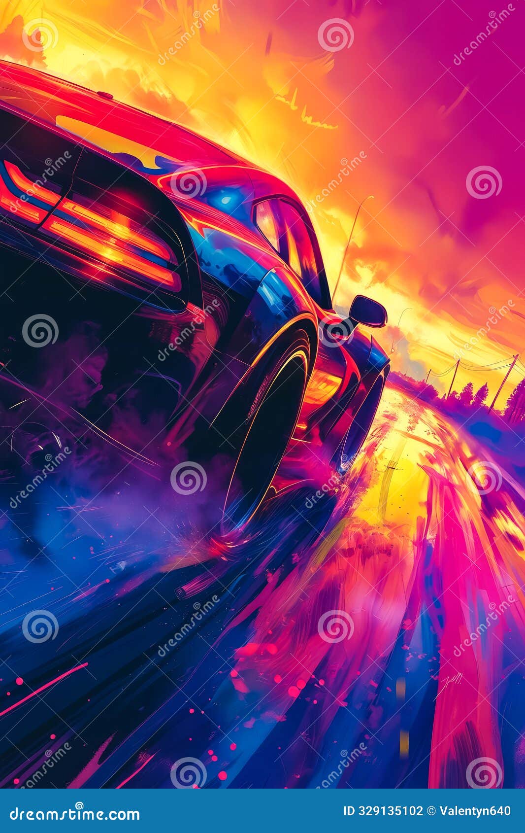 A Car Driving Down A Wet Street At Sunset With Palm Trees In The ...