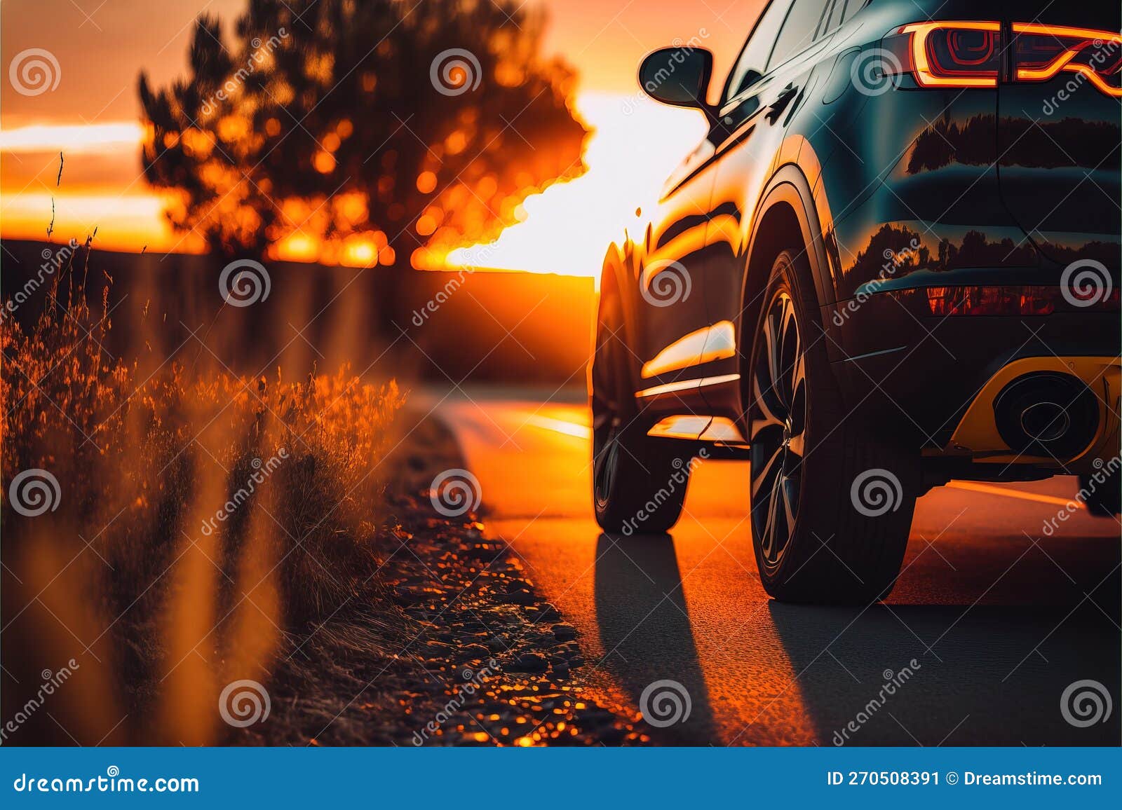 A Car Driving Down a Road at Sunset with the Sun Setting in the ...