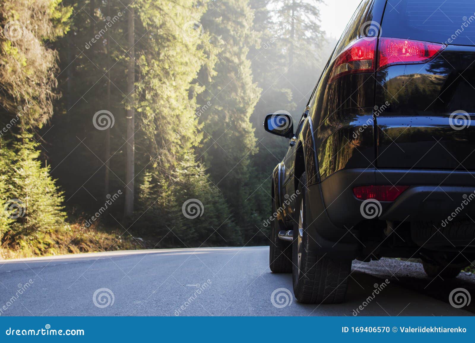 Car Driving Forest Road and Sun Beams Stock Photo - Image of beam ...
