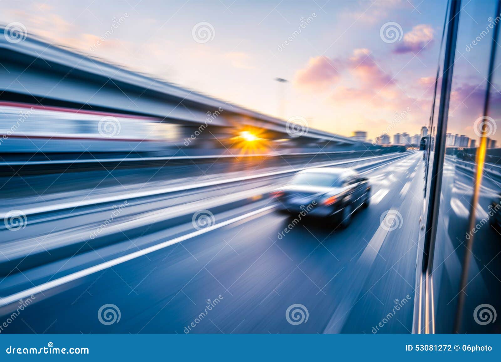 Car Driving on Freeway at Sunset, Motion Blur Stock Photo - Image of ...