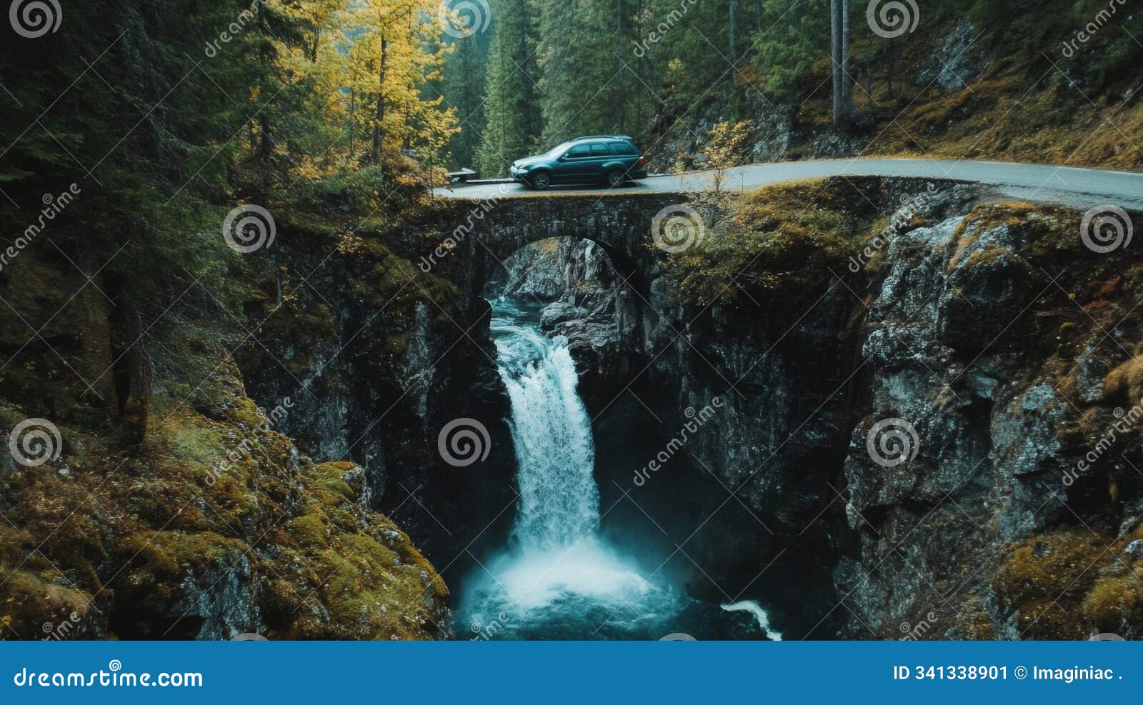 A Car Driving Over a Bridge with a Waterfall Below Stock Illustration ...
