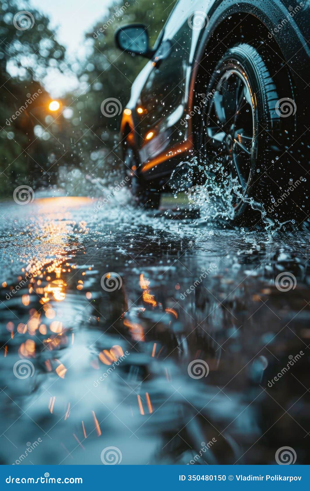 A Car Driving through a Puddle of Water. Suitable for Transportation ...