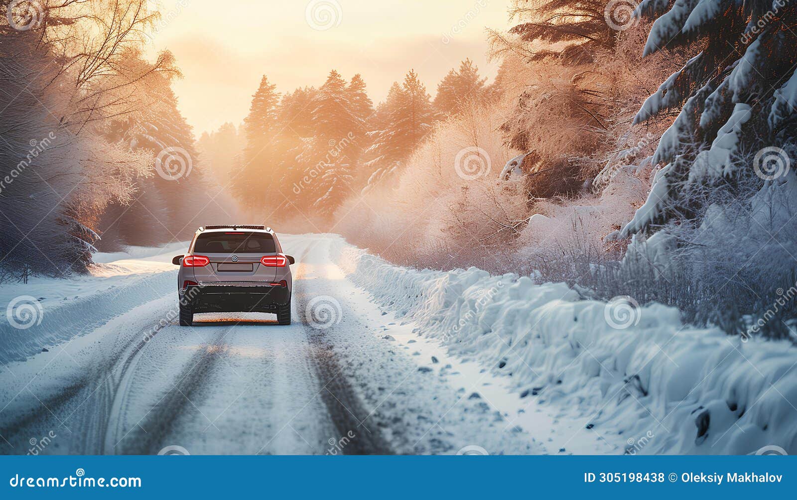 Car Driving on Snowy Road in Winter Stock Illustration - Illustration ...