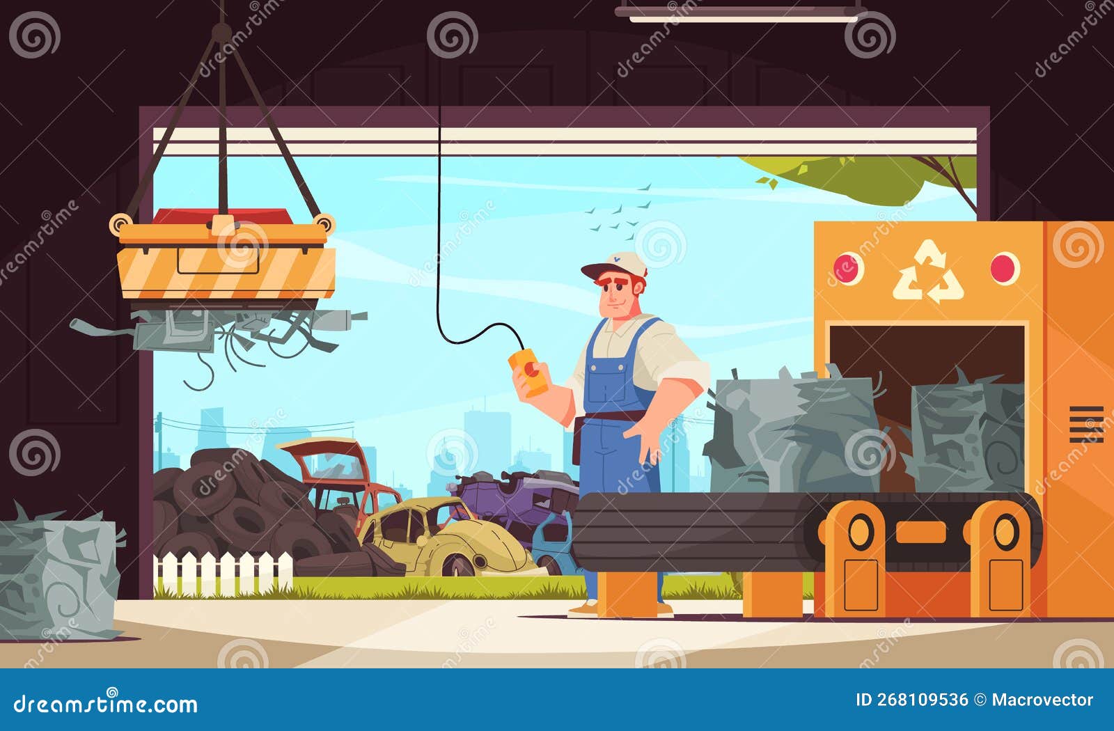 Car Dump Concept. Industrial Crane Claw Grabbing Old Car For Recycling ...