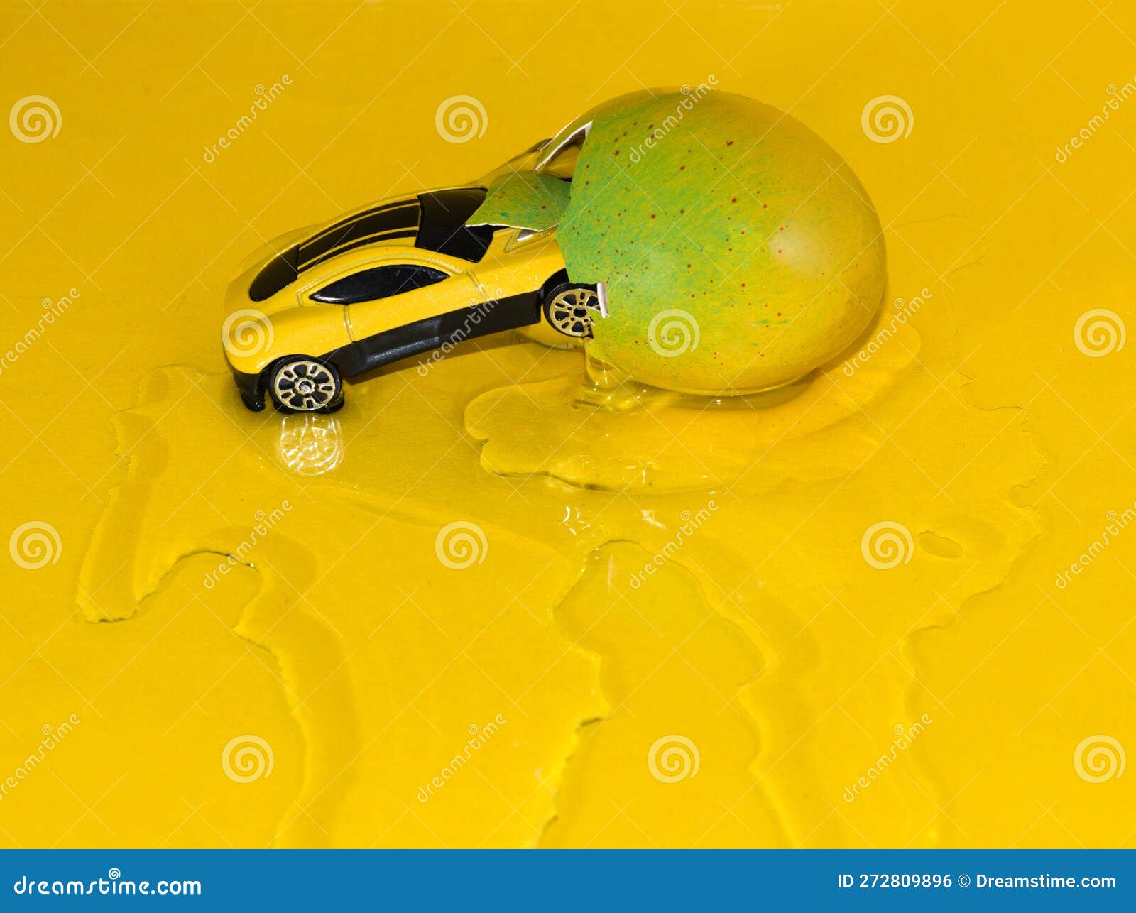 Car in the Egg, Creative Holiday Design in Yellow Color, Art Easter ...