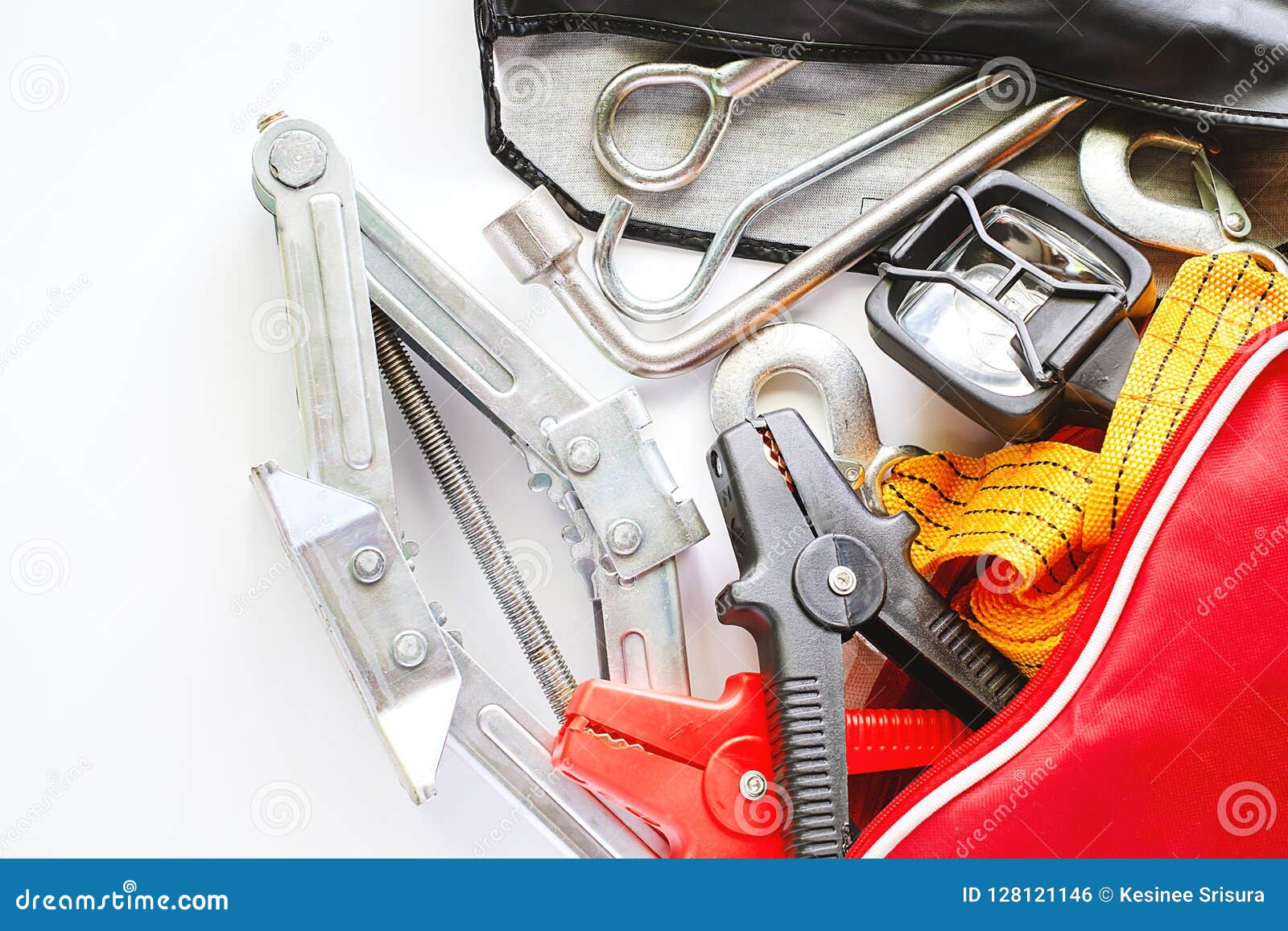 Car Emergency Kit On White Background Stock Photo - Image of battery ...