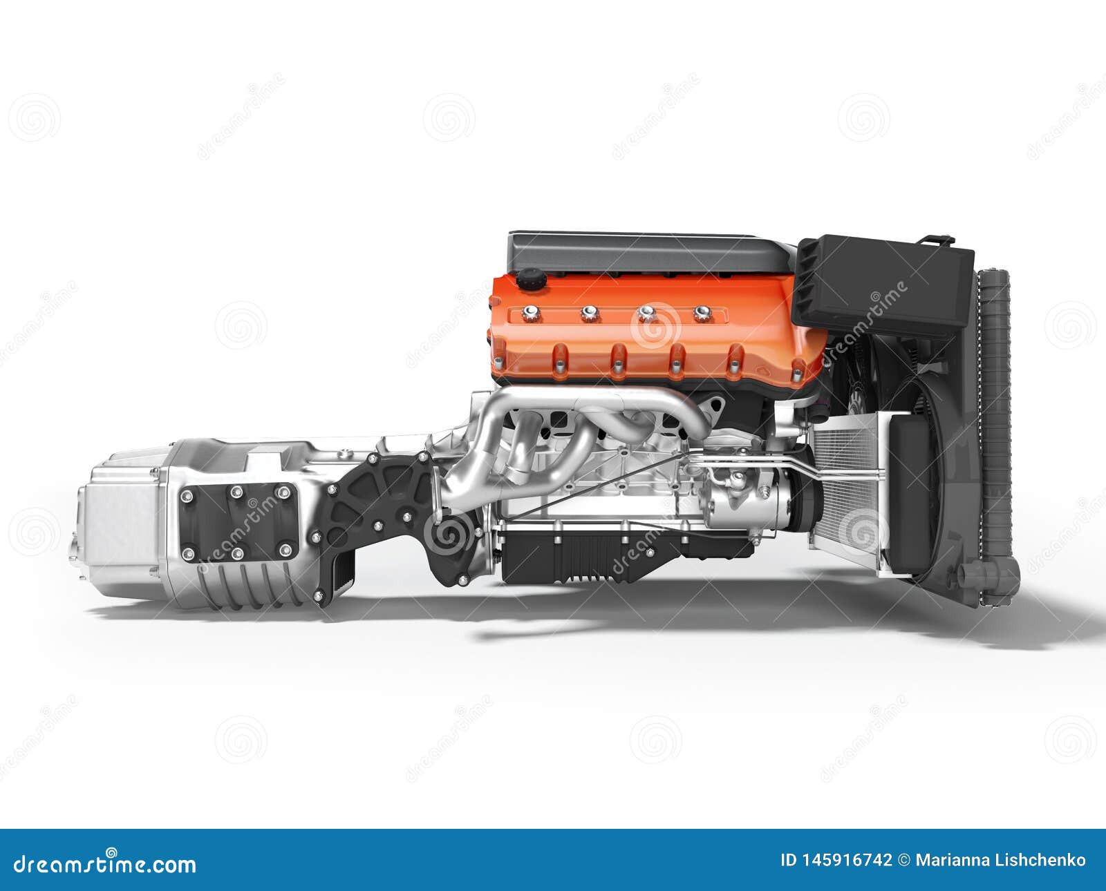 Car Engine with Air Filters with Gearbox Side View 3d Render on White ...