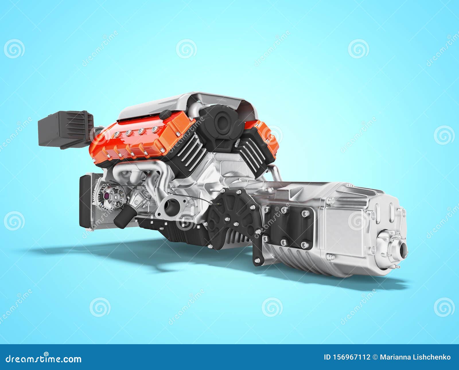 Car Engine with Air Filters and Manifold Gearbox 3d Render on Blue ...