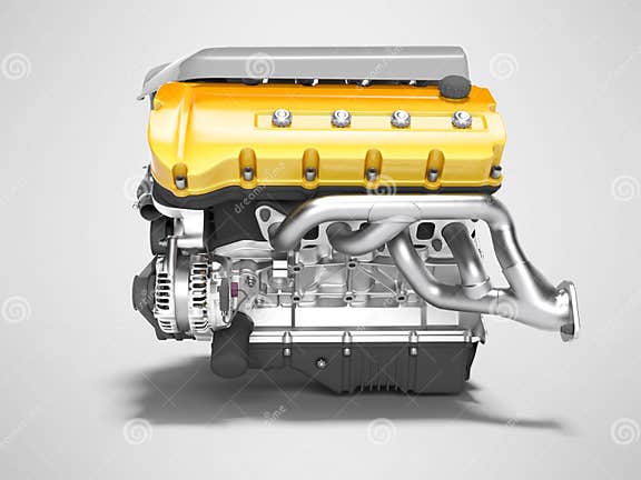 Car Engine Cast Iron Yellow with Starter Left View 3d Render on Gray ...