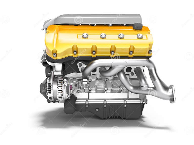 Car Engine Cast Iron Yellow with Starter Left View 3d Render on White ...