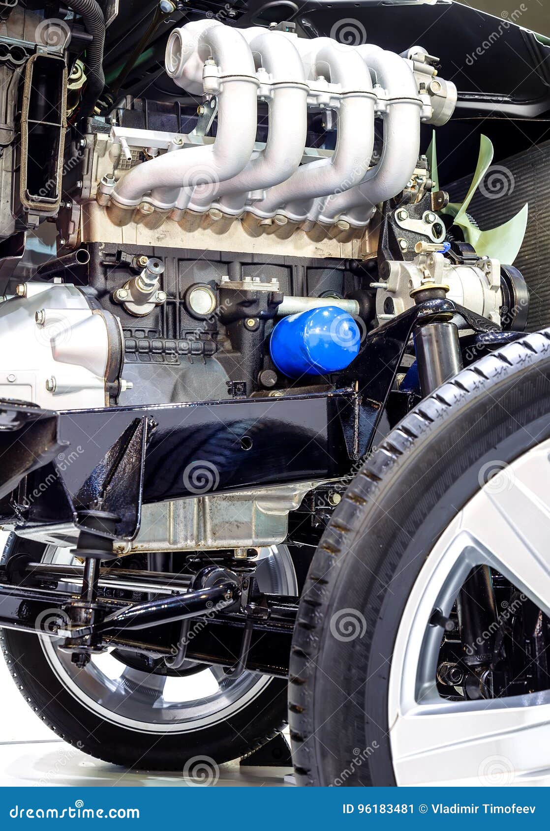 Car Engine Closeup, Part of Car Engine with Wheels and Drivetrain ...