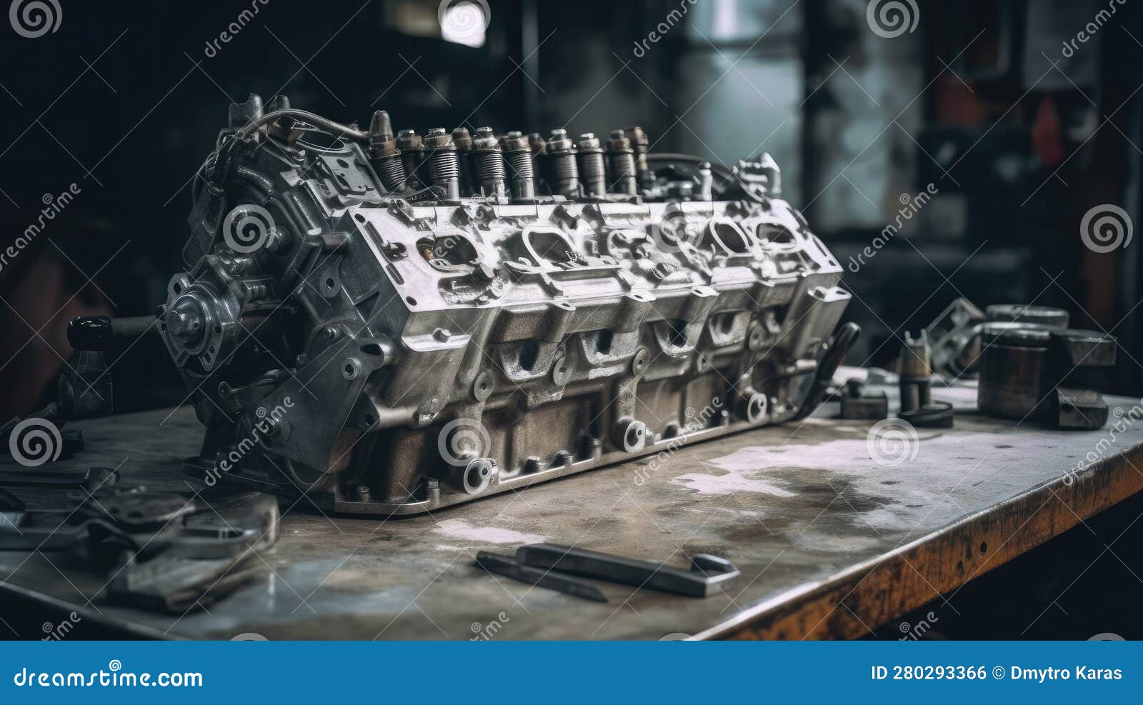 Car Engine Disassembled in Workshop. Stock Illustration - Illustration ...