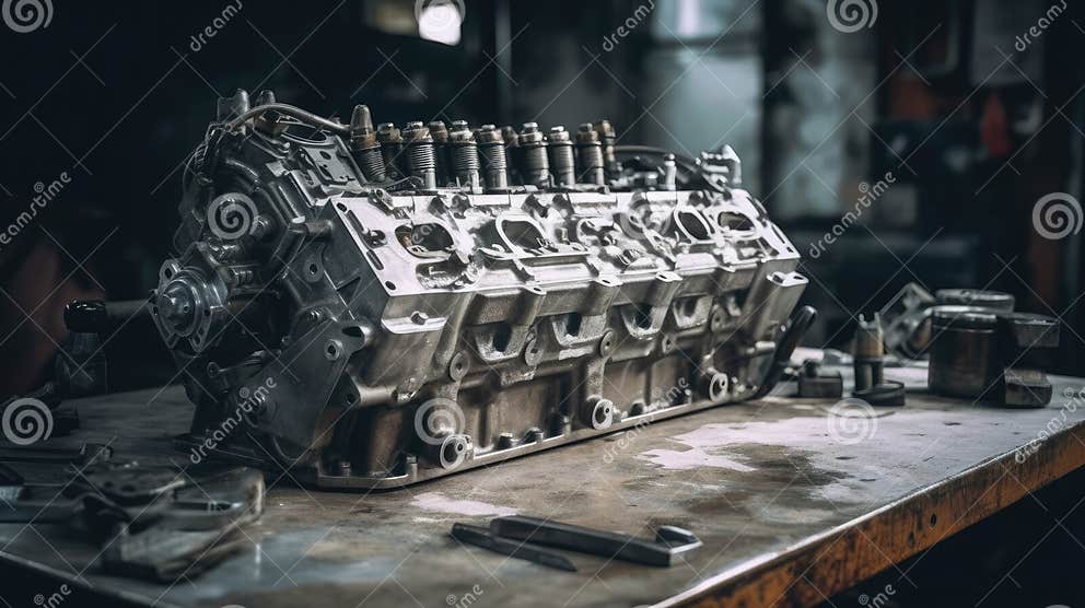 Car Engine Disassembled in Workshop. Stock Illustration - Illustration ...
