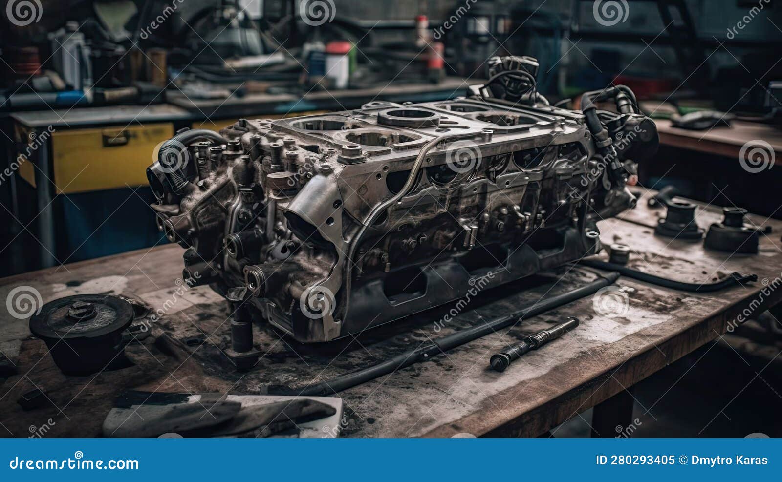 Car Engine Disassembled in Workshop. Stock Illustration - Illustration ...