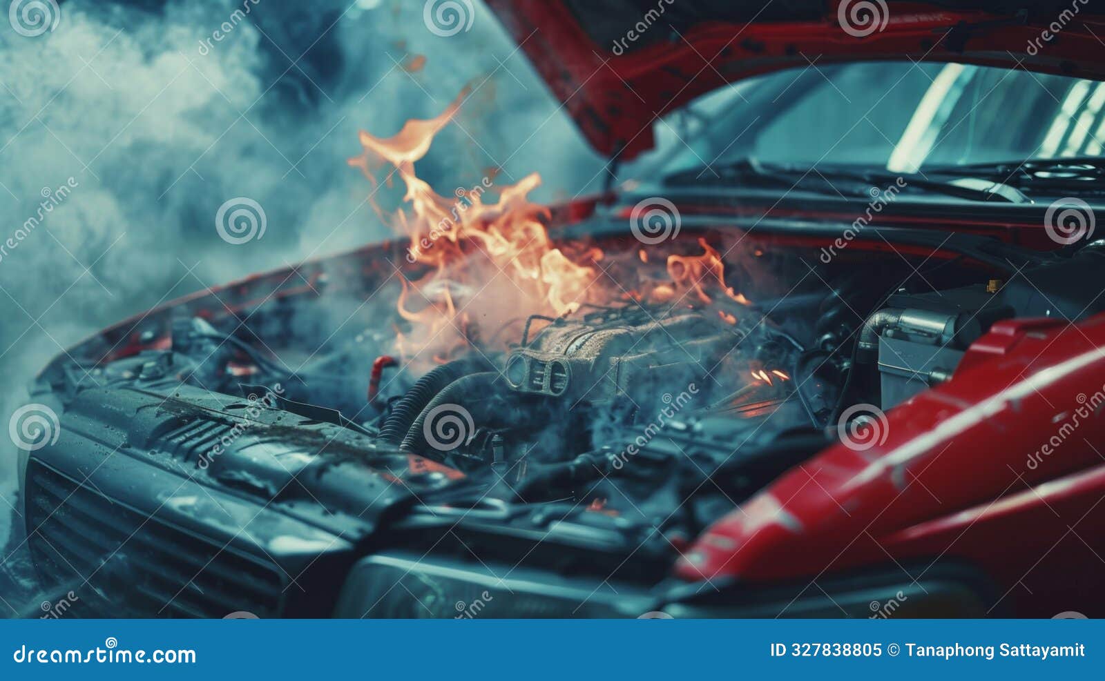 A Car Engine Engulfed in Flames with Smoke Billowing Out Representing ...