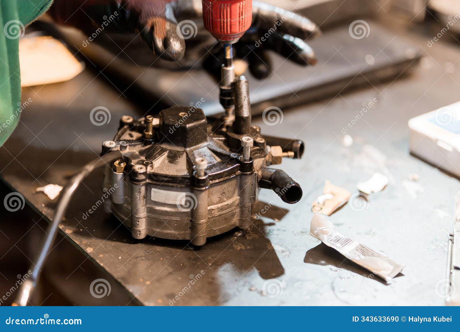 Car Engine Fuel Pump Repair Process on Workshop Bench Stock Photo ...