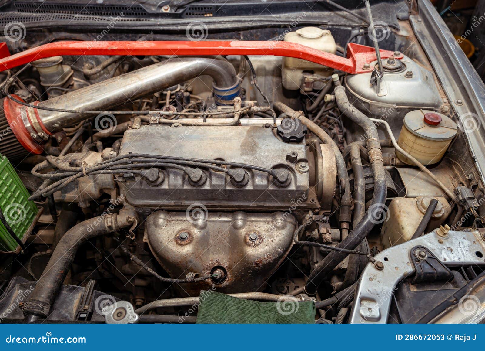 Car Engine in Garage with Open Bonnet Dust and Rust Stock Image - Image ...