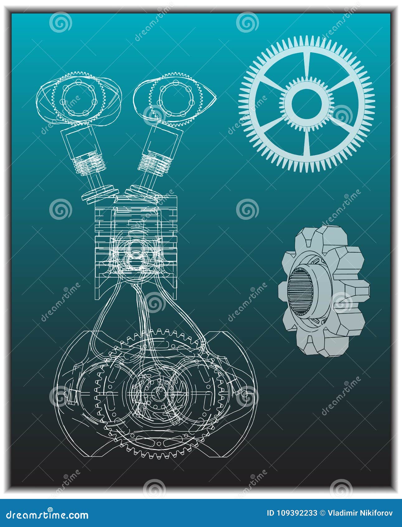 The car engine and gears stock vector. Illustration of inking - 109392233
