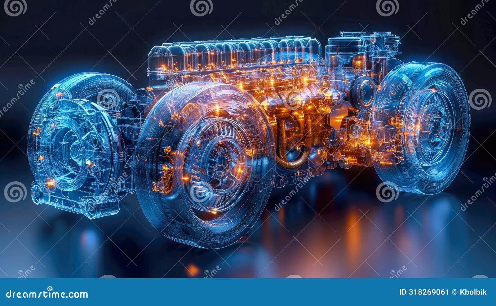 A Car Engine with Glowing Lights on a Black Background Stock ...