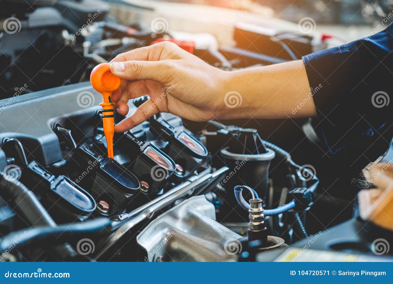 Car Engine Oil Mechanic Working in Auto Repair Service Stock Image ...