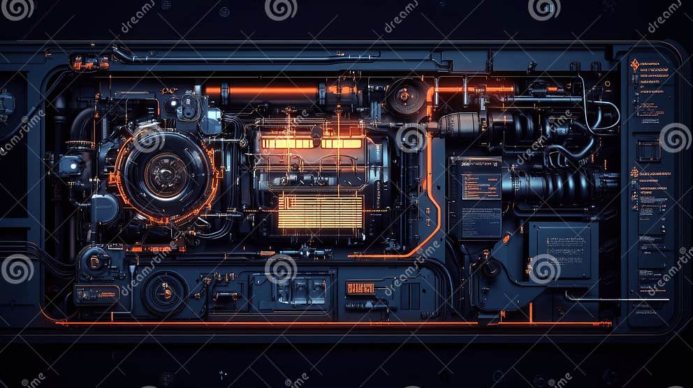 Car Engine in Orange Light Isolated on Black Background Stock ...