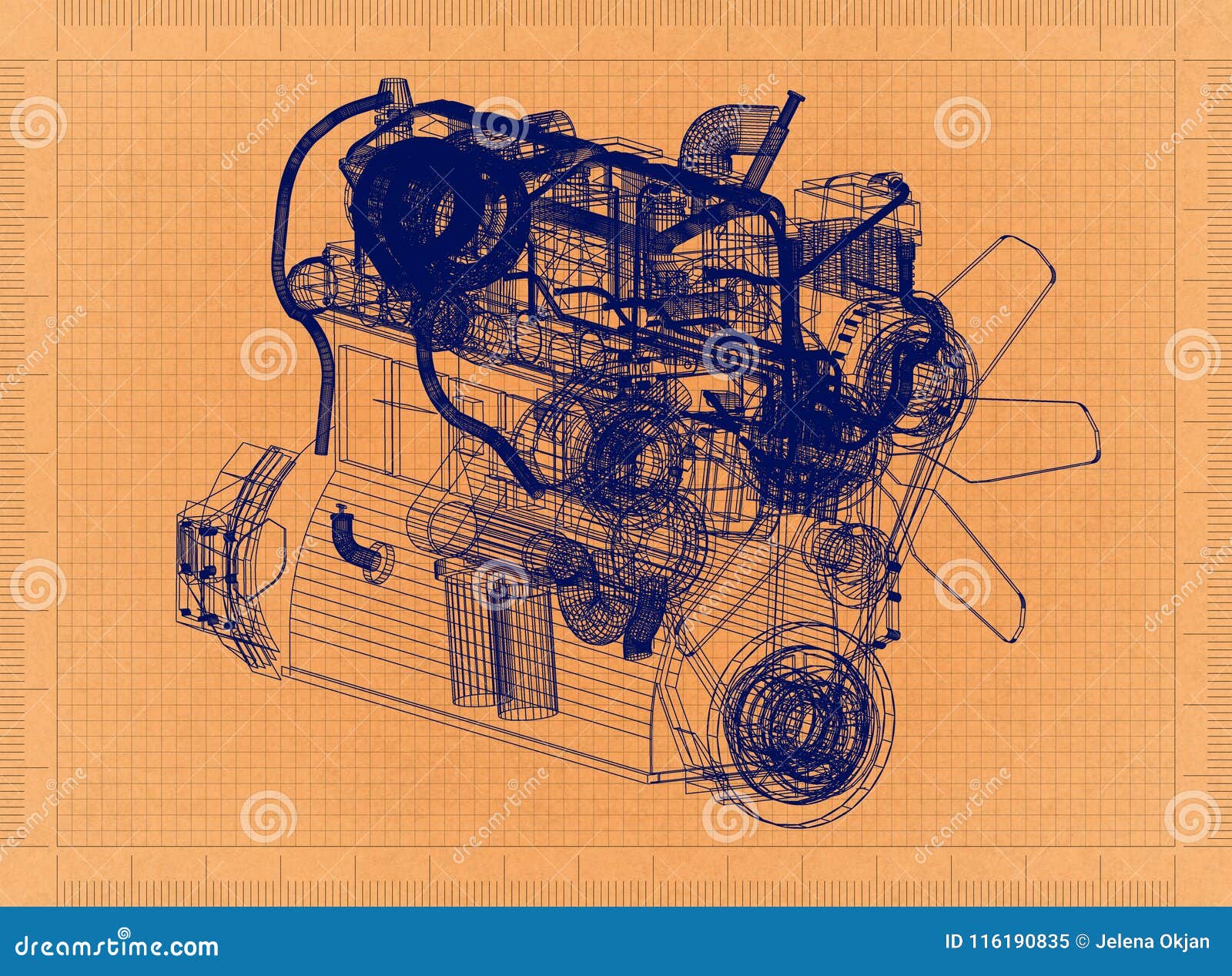 Car Engine - Retro Blueprint Stock Illustration - Illustration of ...
