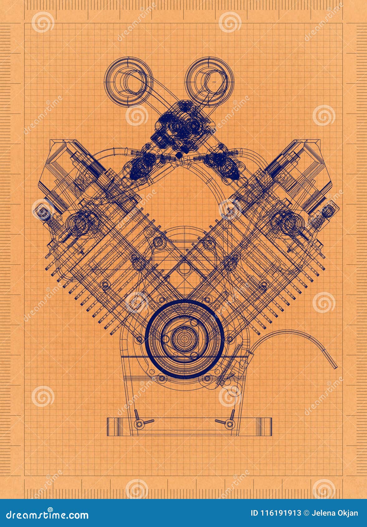 Car Engine - Retro Blueprint Stock Illustration - Illustration of ...