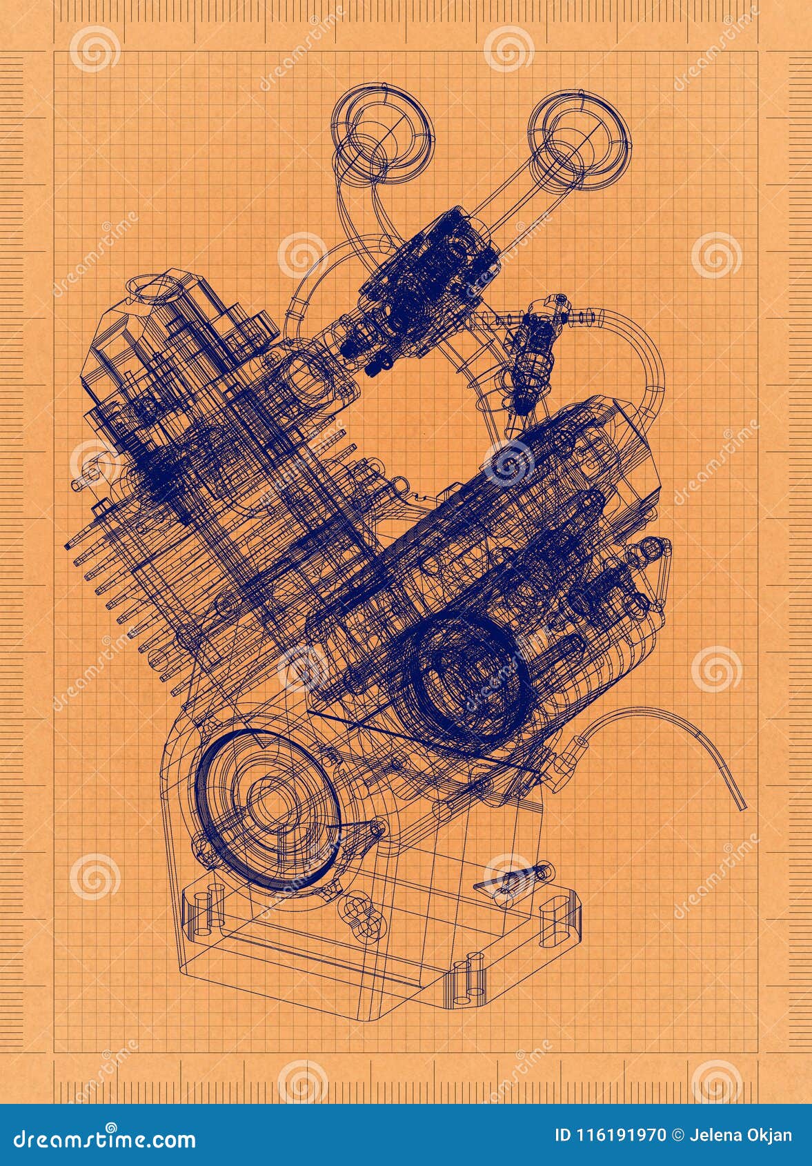 Car Engine - Retro Blueprint Stock Illustration - Illustration of ...