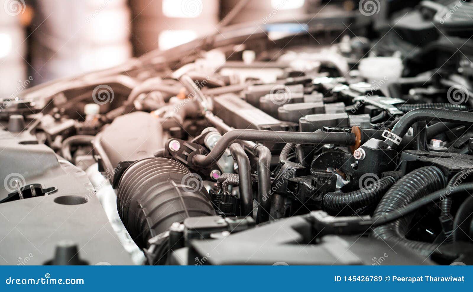 Blurred Car Engine Room Checking Maintenance Sevice By Mechanical With ...