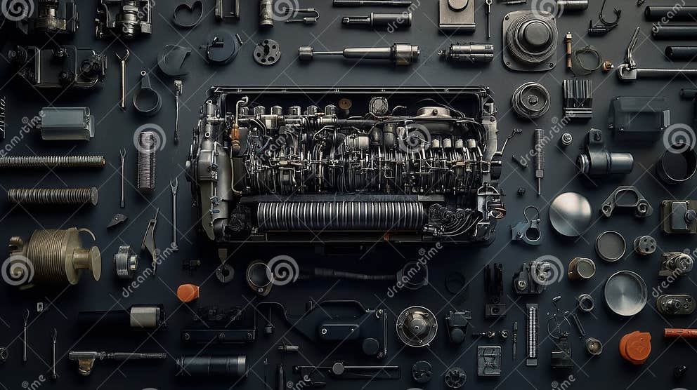 A Car Engine, Taken Apart, is Encircled by Tools and Components on a ...