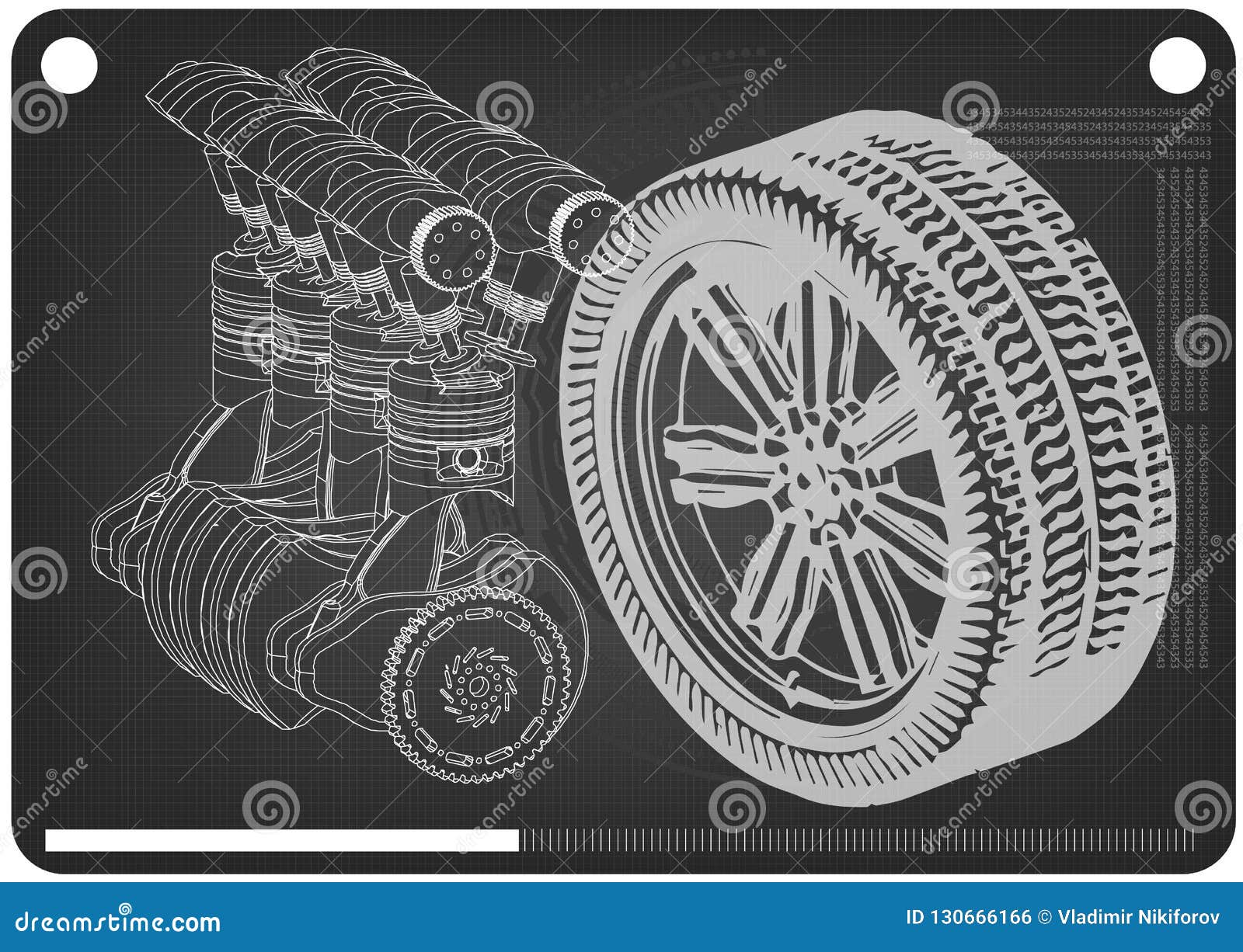 Car Engine and Wheel on a Black Stock Vector - Illustration of design ...