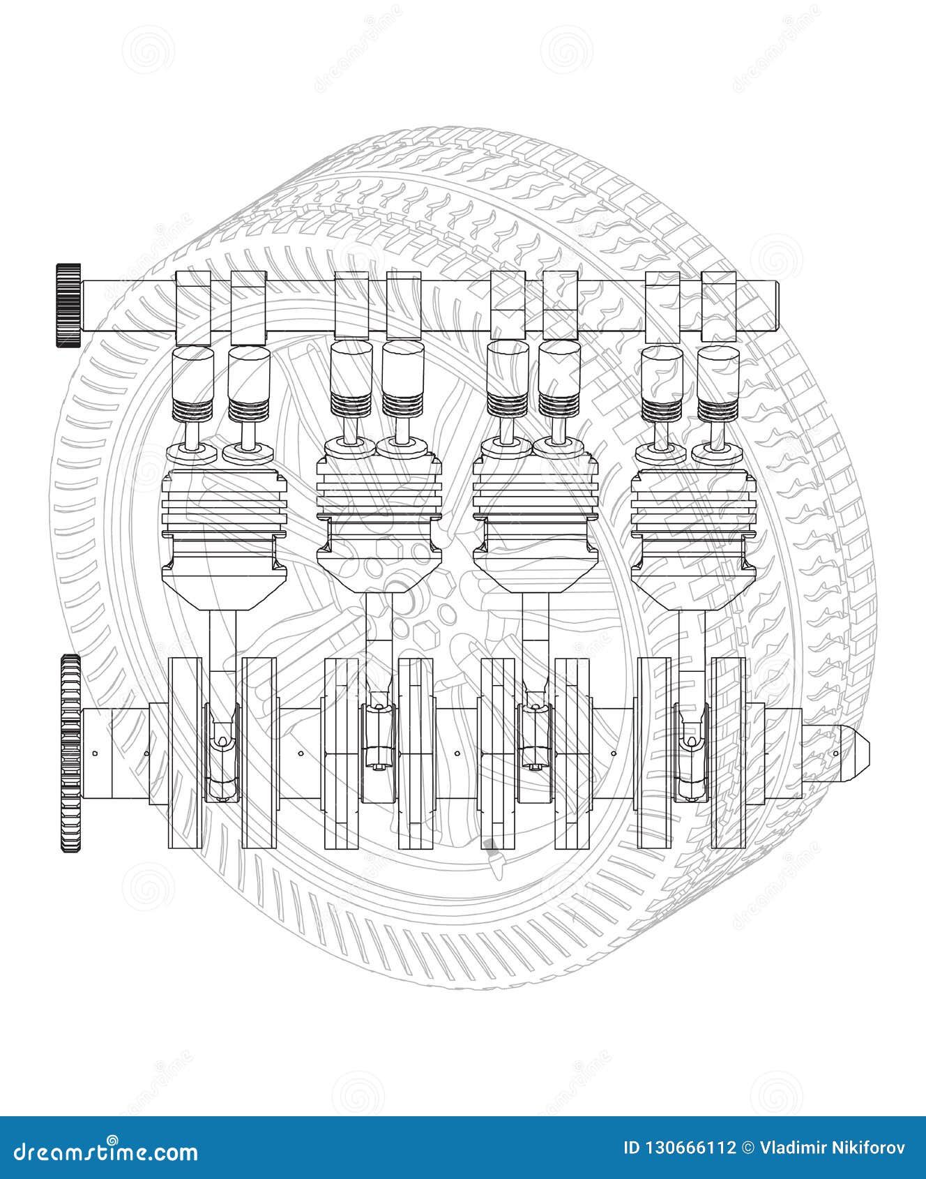 Car Engine and Wheel on a White Stock Vector - Illustration of black ...