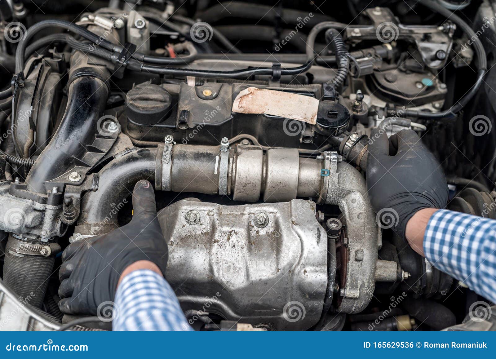 Car Engine with Worker Hands Close Up Stock Photo - Image of check ...
