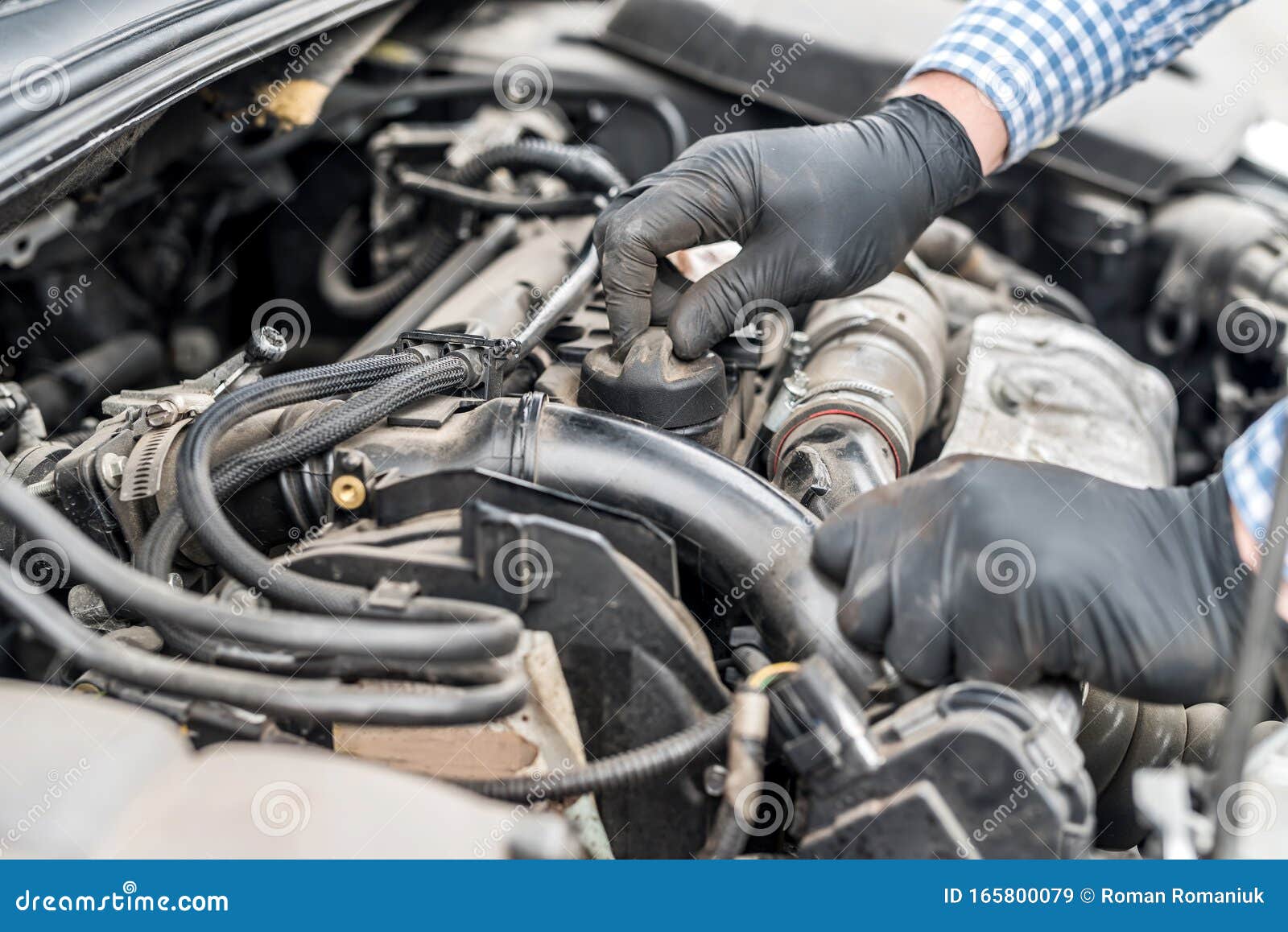 Car Engine with Worker Hands Close Up Stock Image - Image of repairman ...