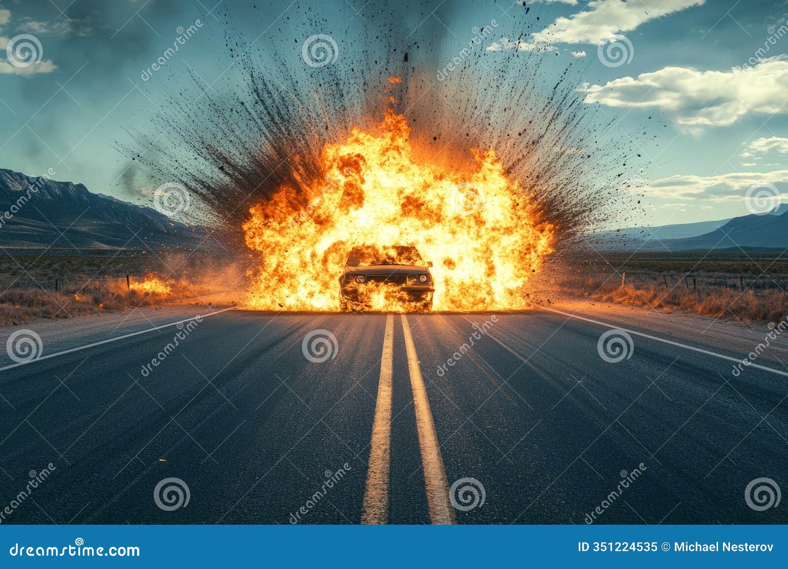 Car Exploding on a Desert Road Creating a Large Fireball and Debris ...
