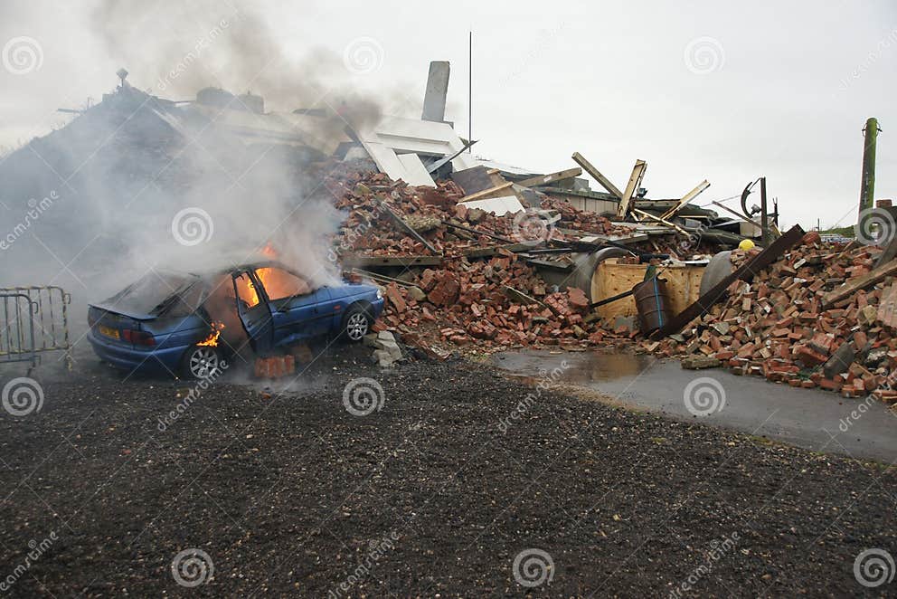 Car fire and explosion editorial stock photo. Image of impact - 100411468