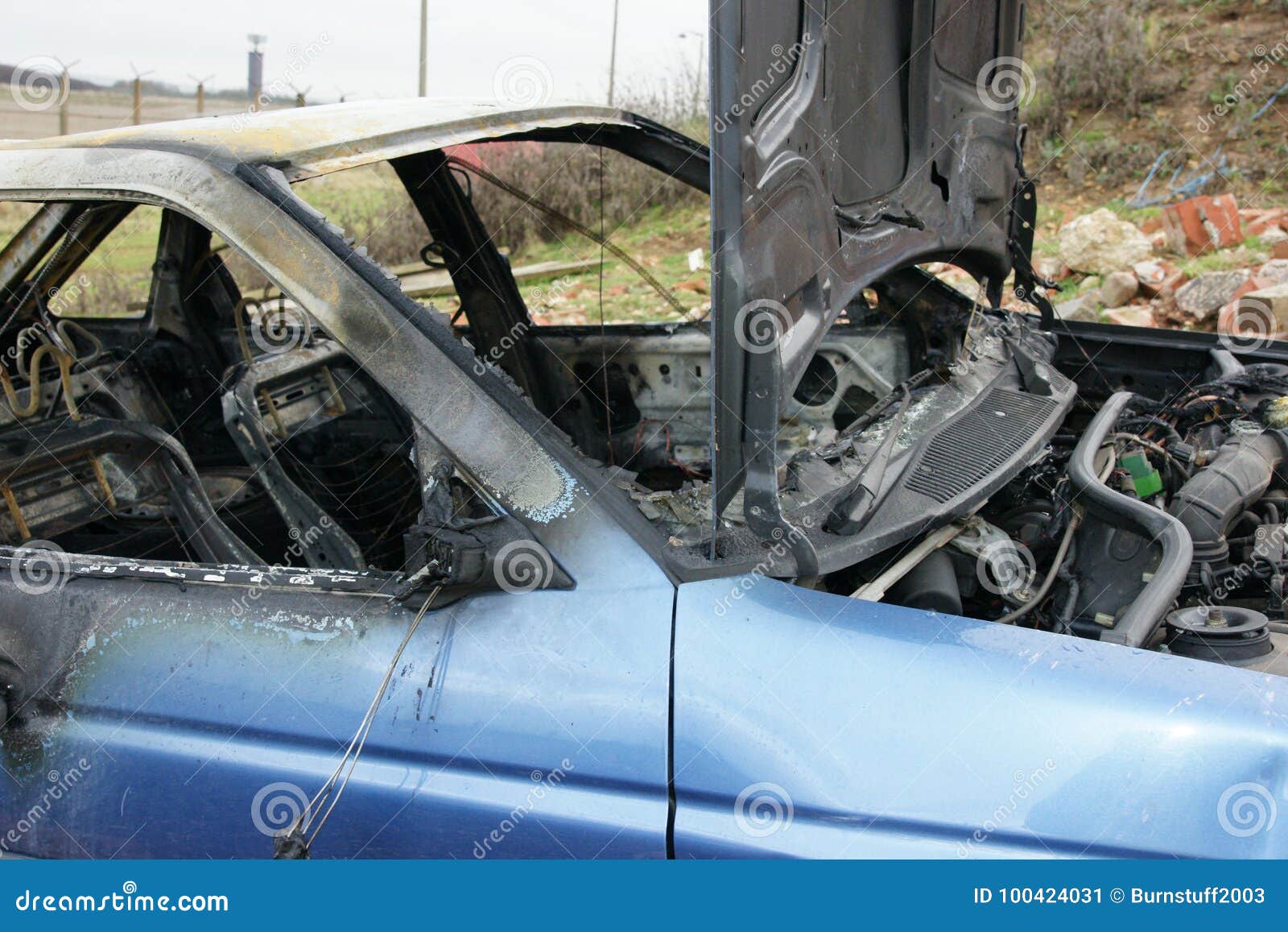 Car fire and explosion stock image. Image of landscape - 100424031