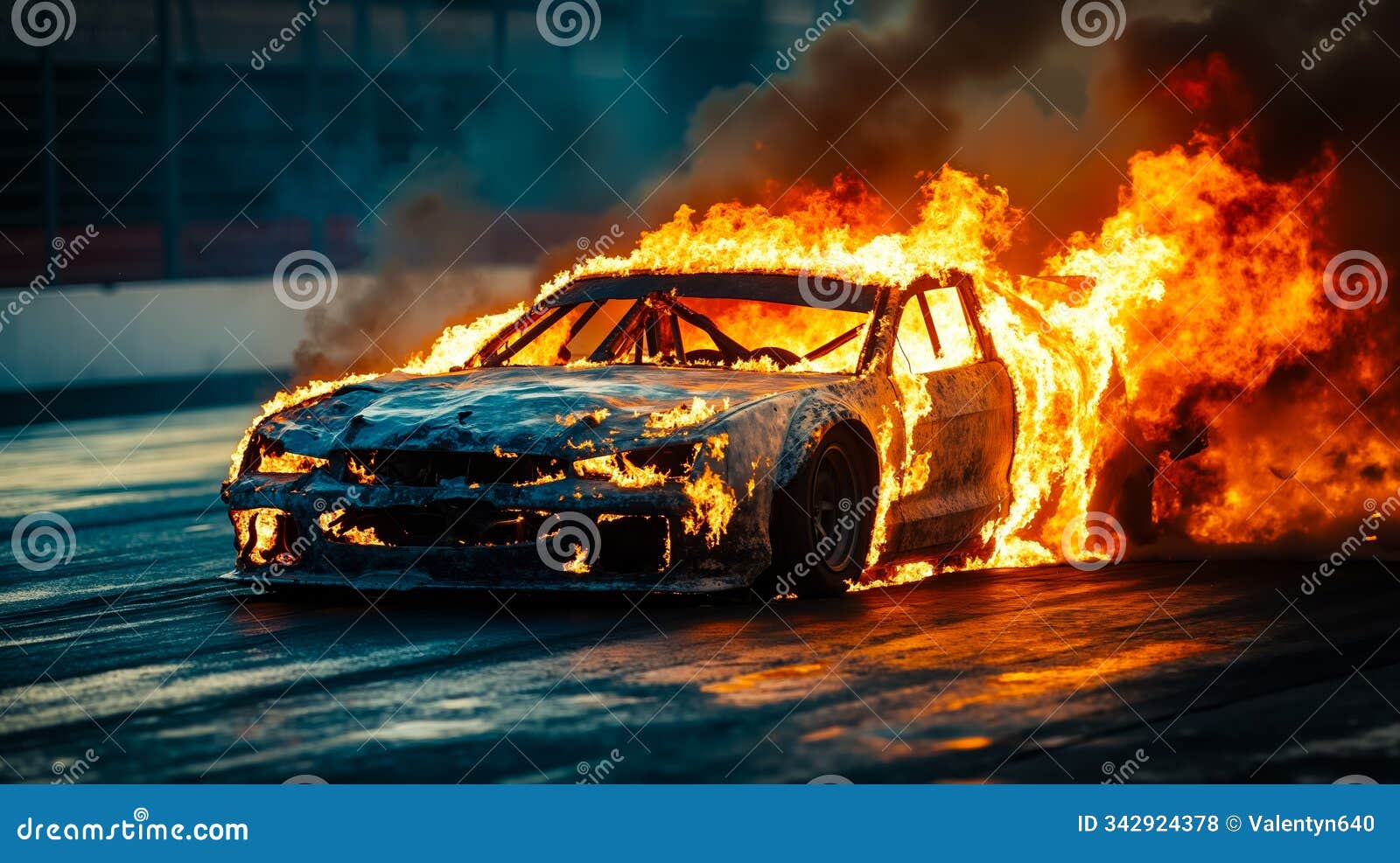 A Car on Fire on a Race Track Stock Photo - Image of wreck, crash ...
